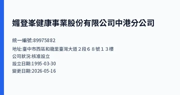 媚登峯健康事業股份有限公司中港分公司的照片-統編 89975882(臺中市) 公司登記資料與營業項目詳細圖表