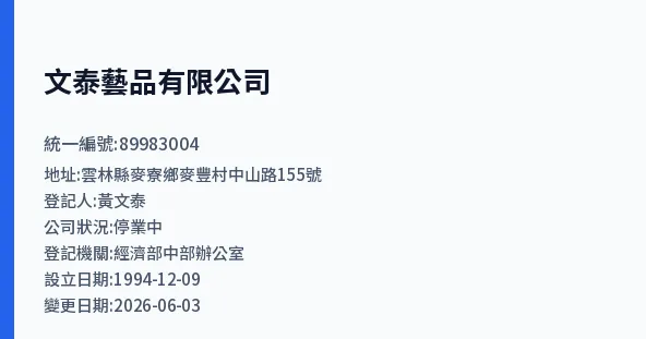 文泰藝品有限公司的照片-統編 89983004(雲林縣) 公司登記資料與營業項目詳細圖表