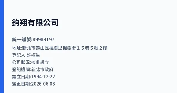 鈞翔有限公司的照片-統編 89989197(新北市) 公司登記資料與營業項目詳細圖表