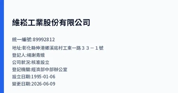 維崧工業股份有限公司的照片-統編 89992812(彰化縣) 公司登記資料與營業項目詳細圖表