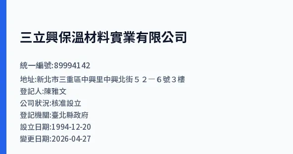 三立興保溫材料實業有限公司的照片-統編 89994142(新北市) 公司登記資料與營業項目詳細圖表