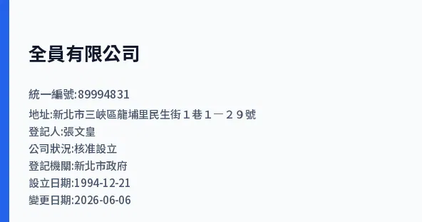 全員有限公司的照片-統編 89994831(新北市) 公司登記資料與營業項目詳細圖表