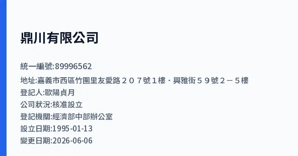 鼎川有限公司的照片-統編 89996562(嘉義市) 公司登記資料與營業項目詳細圖表