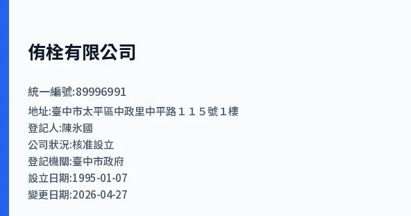 侑栓有限公司的照片-統編 89996991(臺中市) 公司登記資料與營業項目詳細圖表