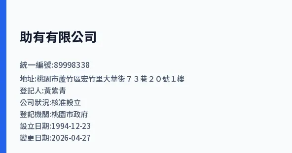 助有有限公司的照片-統編 89998338(桃園市) 公司登記資料與營業項目詳細圖表