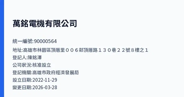 萬銘電機有限公司的照片-統編 90000564(高雄市) 公司登記資料與營業項目詳細圖表