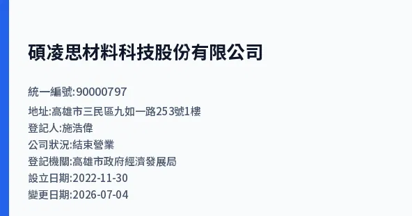 碩凌思材料科技股份有限公司的照片-統編 90000797(高雄市) 公司登記資料與營業項目詳細圖表