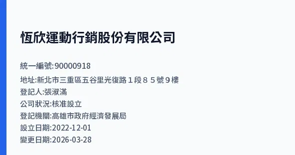恆欣運動行銷股份有限公司的照片-統編 90000918(新北市) 公司登記資料與營業項目詳細圖表