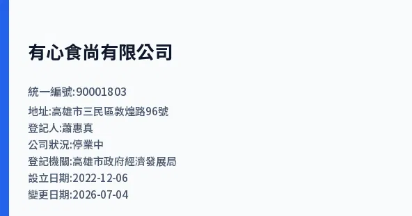 有心食尚有限公司的照片-統編 90001803(高雄市) 公司登記資料與營業項目詳細圖表