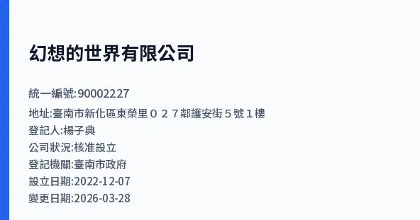 幻想的世界有限公司的照片-統編 90002227(臺南市) 公司登記資料與營業項目詳細圖表