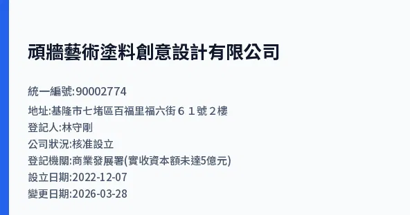 頑牆藝術塗料創意設計有限公司的照片-統編 90002774(基隆市) 公司登記資料與營業項目詳細圖表