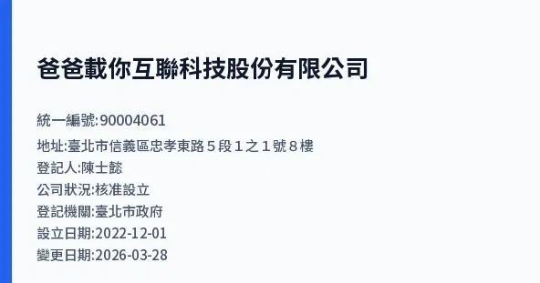 爸爸載你互聯科技股份有限公司的照片-統編 90004061(臺北市) 公司登記資料與營業項目詳細圖表