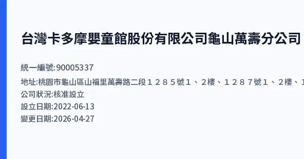 台灣卡多摩嬰童館股份有限公司龜山萬壽分公司的照片-統編 90005337(桃園市) 公司登記資料與營業項目詳細圖表