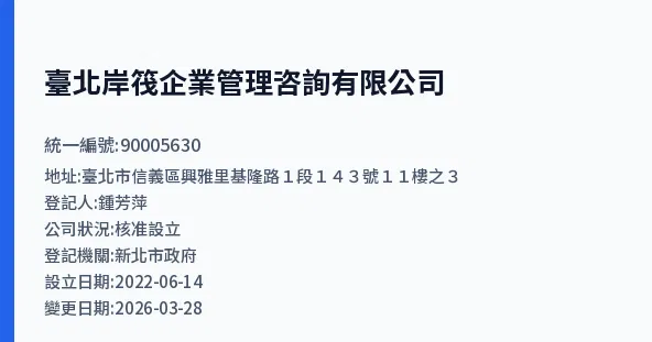 臺北岸筏企業管理咨詢有限公司的照片-統編 90005630(臺北市) 公司登記資料與營業項目詳細圖表