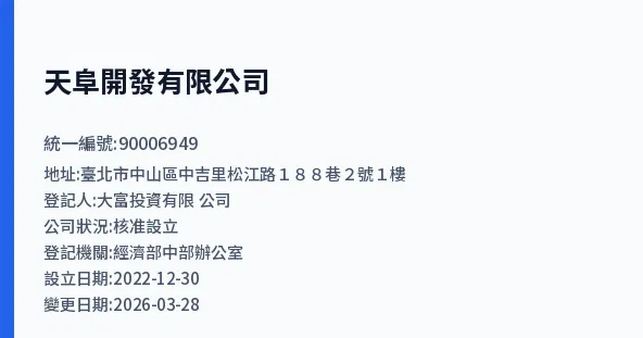 天阜開發有限公司的照片-統編 90006949(臺北市) 公司登記資料與營業項目詳細圖表