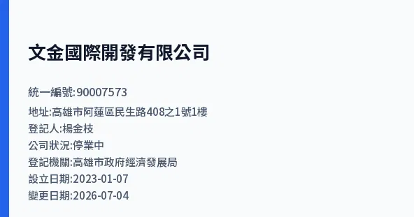 文金國際開發有限公司的照片-統編 90007573(高雄市) 公司登記資料與營業項目詳細圖表