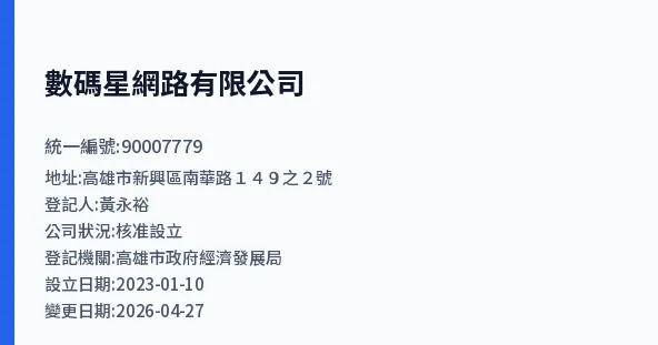 數碼星網路有限公司的照片-統編 90007779(高雄市) 公司登記資料與營業項目詳細圖表