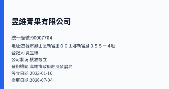 昱維青果有限公司的照片-統編 90007784(高雄市) 公司登記資料與營業項目詳細圖表