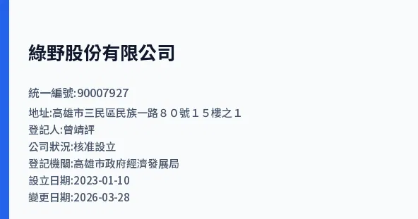 綠野股份有限公司的照片-統編 90007927(高雄市) 公司登記資料與營業項目詳細圖表
