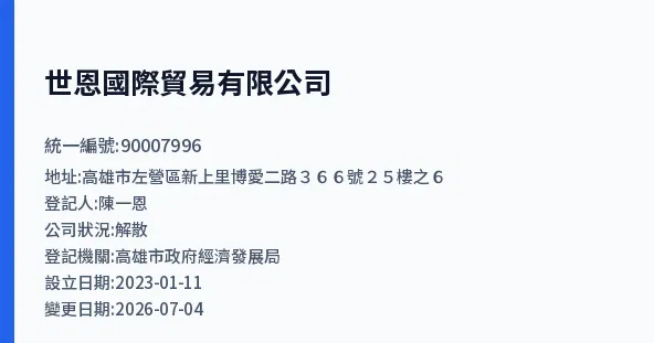 世恩國際貿易有限公司的照片-統編 90007996(高雄市) 公司登記資料與營業項目詳細圖表
