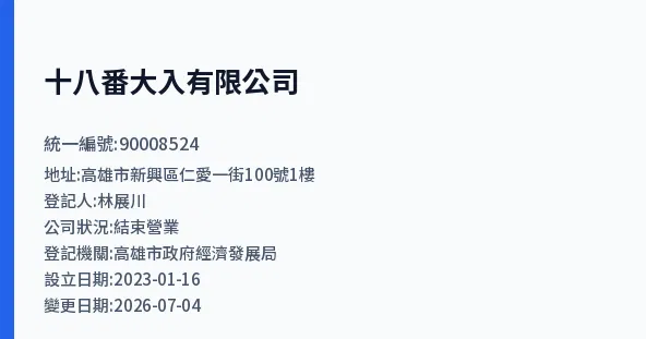 十八番大入有限公司的照片-統編 90008524(高雄市) 公司登記資料與營業項目詳細圖表