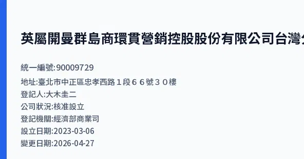 英屬開曼群島商環貫營銷控股股份有限公司台灣分公司的照片-統編 90009729(臺北市) 公司登記資料與營業項目詳細圖表