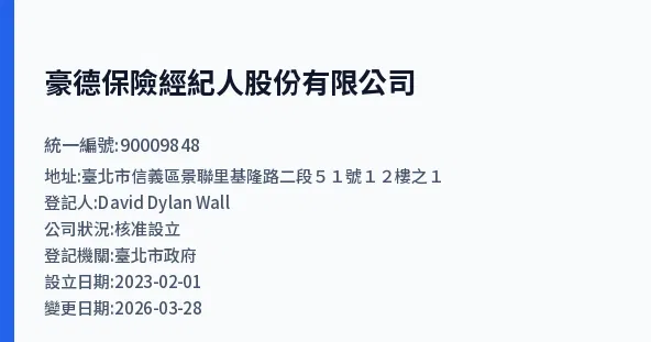 豪德保險經紀人股份有限公司的照片-統編 90009848(臺北市) 公司登記資料與營業項目詳細圖表