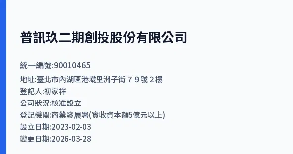 普訊玖二期創投股份有限公司的照片-統編 90010465(臺北市) 公司登記資料與營業項目詳細圖表