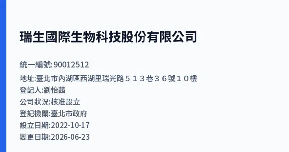 瑞生國際生物科技股份有限公司的照片-統編 90012512(臺北市) 公司登記資料與營業項目詳細圖表