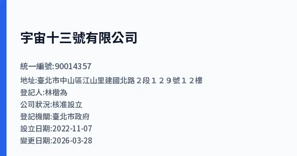 宇宙十三號有限公司的照片-統編 90014357(臺北市) 公司登記資料與營業項目詳細圖表