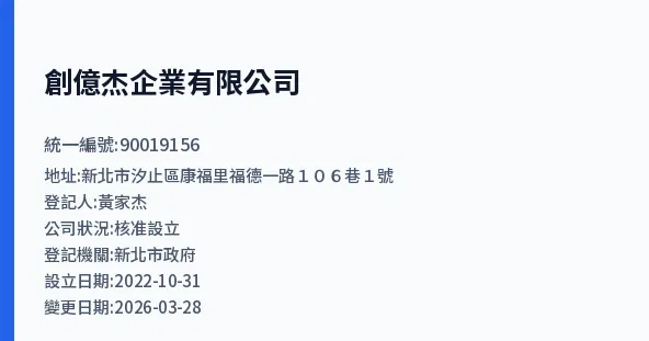 創億杰企業有限公司的照片-統編 90019156(新北市) 公司登記資料與營業項目詳細圖表