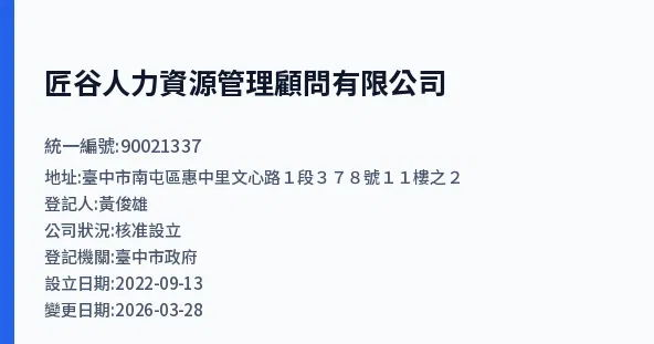 匠谷人力資源管理顧問有限公司的照片-統編 90021337(臺中市) 公司登記資料與營業項目詳細圖表