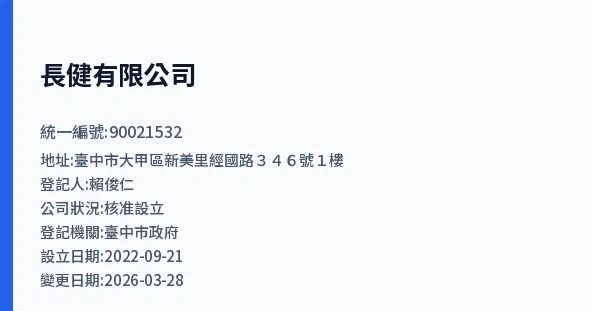 長健有限公司的照片-統編 90021532(臺中市) 公司登記資料與營業項目詳細圖表