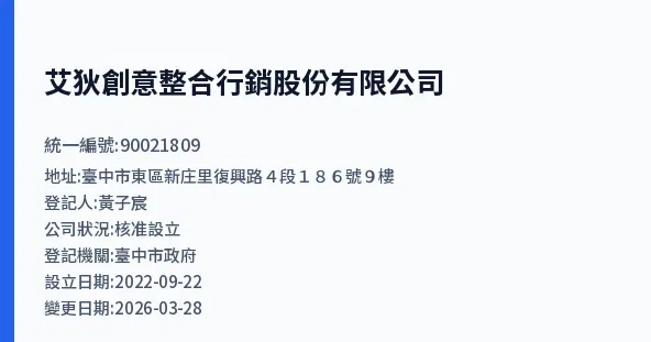 艾狄創意整合行銷股份有限公司的照片-統編 90021809(臺中市) 公司登記資料與營業項目詳細圖表