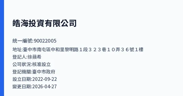 皓海投資有限公司的照片-統編 90022005(臺中市) 公司登記資料與營業項目詳細圖表