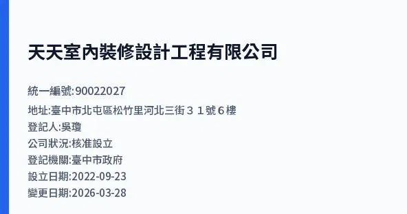天天室內裝修設計工程有限公司的照片-統編 90022027(臺中市) 公司登記資料與營業項目詳細圖表