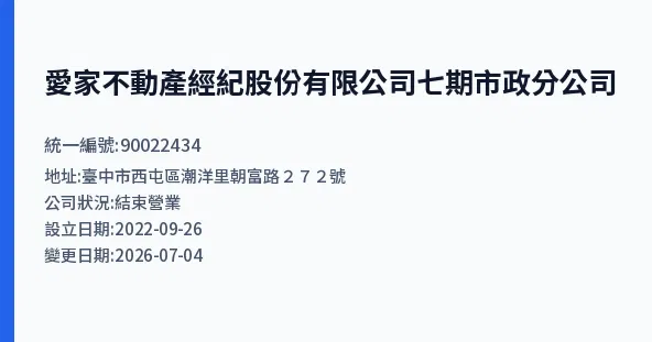 愛家不動產經紀股份有限公司七期市政分公司的照片-統編 90022434(臺中市) 公司登記資料與營業項目詳細圖表