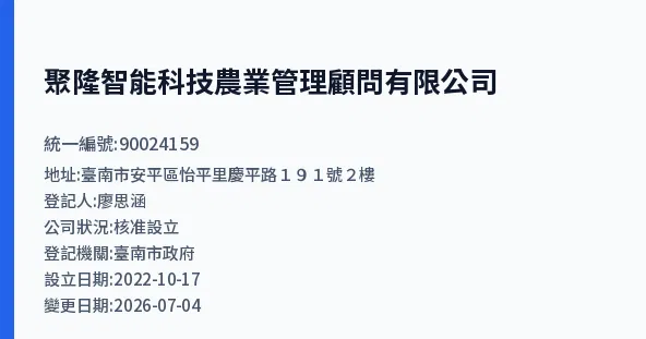 聚隆智能科技農業管理顧問有限公司的照片-統編 90024159(臺南市) 公司登記資料與營業項目詳細圖表
