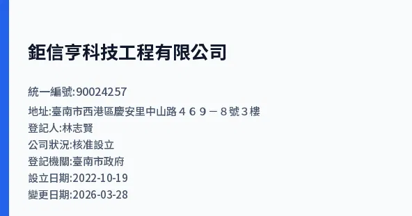 鉅信亨科技工程有限公司的照片-統編 90024257(臺南市) 公司登記資料與營業項目詳細圖表