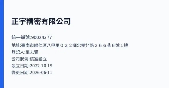 正宇精密有限公司的照片-統編 90024377(臺南市) 公司登記資料與營業項目詳細圖表