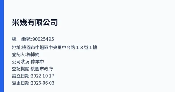 米幾有限公司的照片-統編 90025495(桃園市) 公司登記資料與營業項目詳細圖表