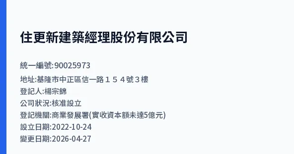 住更新建築經理股份有限公司的照片-統編 90025973(基隆市) 公司登記資料與營業項目詳細圖表