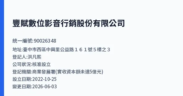 豐賦數位影音行銷股份有限公司的照片-統編 90026348(臺中市) 公司登記資料與營業項目詳細圖表