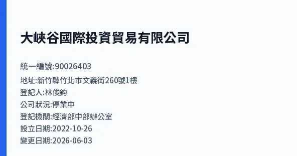大峽谷國際投資貿易有限公司的照片-統編 90026403(新竹縣) 公司登記資料與營業項目詳細圖表