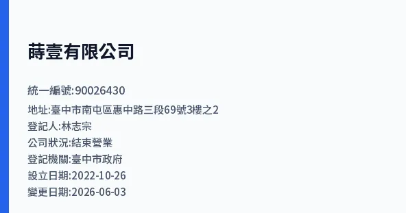 蒔壹有限公司的照片-統編 90026430(臺中市) 公司登記資料與營業項目詳細圖表