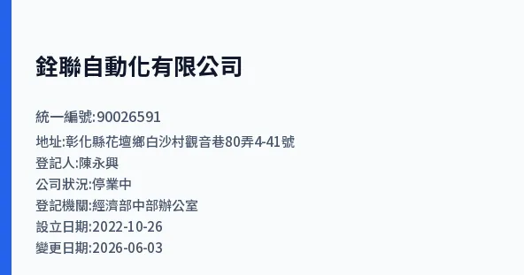 銓聯自動化有限公司的照片-統編 90026591(彰化縣) 公司登記資料與營業項目詳細圖表