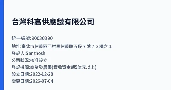 台灣科高供應鏈有限公司的照片-統編 90030390(臺北市) 公司登記資料與營業項目詳細圖表