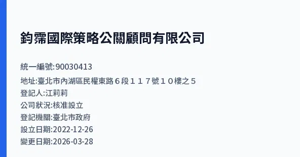 鈞霈國際策略公關顧問有限公司的照片-統編 90030413(臺北市) 公司登記資料與營業項目詳細圖表