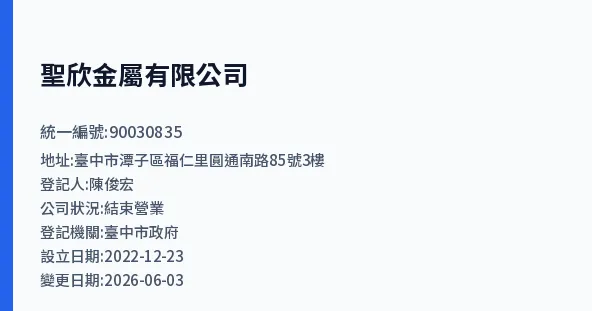 聖欣金屬有限公司的照片-統編 90030835(臺中市) 公司登記資料與營業項目詳細圖表