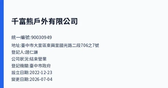 千富熊戶外有限公司的照片-統編 90030949(臺中市) 公司登記資料與營業項目詳細圖表